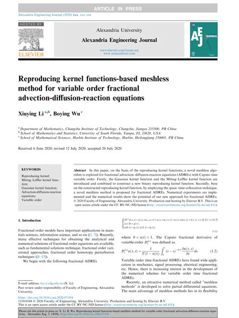 Pdf Reproducing Kernel Functions Based Meshless Method For Variable Order Fractional Advection