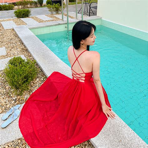 어썸나나 당일발송 백리스 쉬폰 레드 비치 나시 롱 원피스
