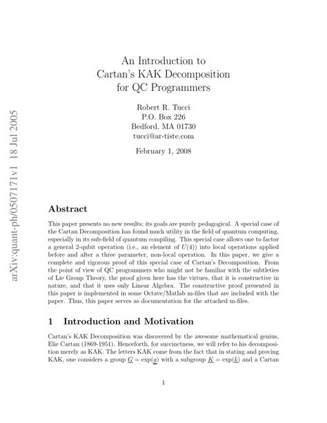 Pdf An Introduction To Cartans Kak Decomposition For Qc Programmers