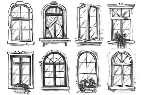 Premium Photo Windows Drawing Set Handdrawn Architecture Design Elements Windows Freehand Pictures