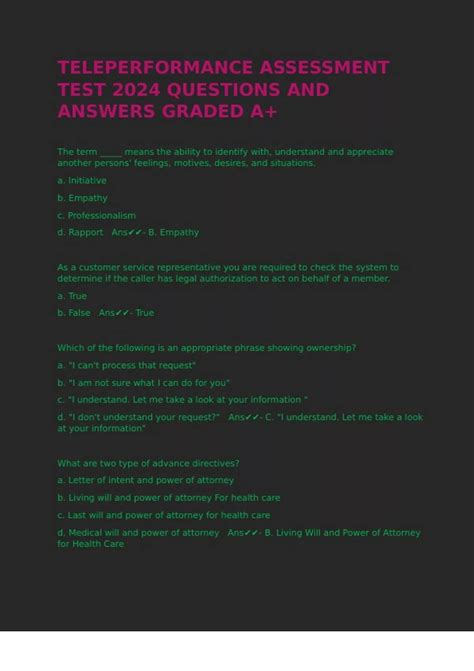 Teleperformance Assessment Test 2024 Questions And Answers Graded A