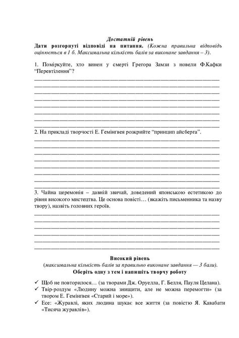 Підсумкова річна контрольна робота із зарубіжної літератури 11 клас Тест Зарубіжна література