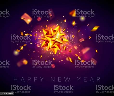 행복 새 해 배경 인사말 카드 배너 전단지 또는 포스터 반짝 나비와 골드 리본 색종이 축제 디자인입니다 새 해 이브입니다 벡터 일러스트입니다 12월 31일에 대한 스톡 벡터