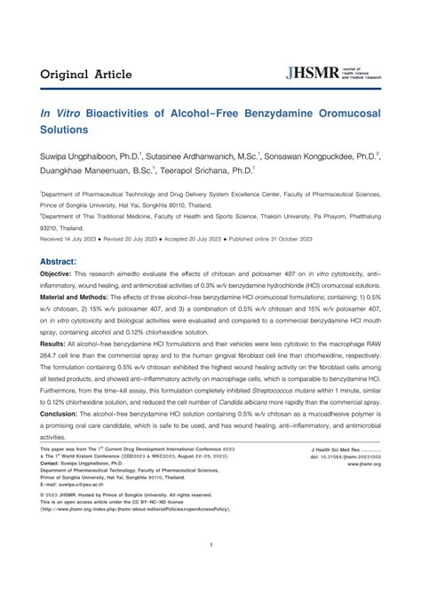 Pdf In Vitro Bioactivities Of Alcohol Free Benzydamine Oromucosal Solutions