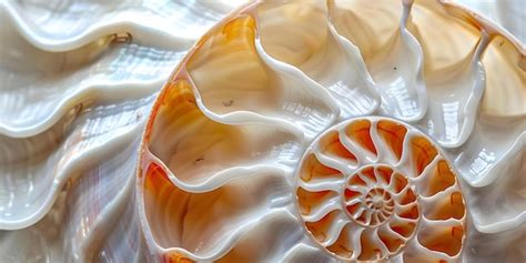 Closeup Image Of A Spiral Nautilus Shell Showcasing Fibonacci Symmetry