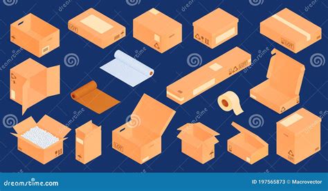 Isometric Cardboard Boxes Set Stock Vector Illustration Of Pack