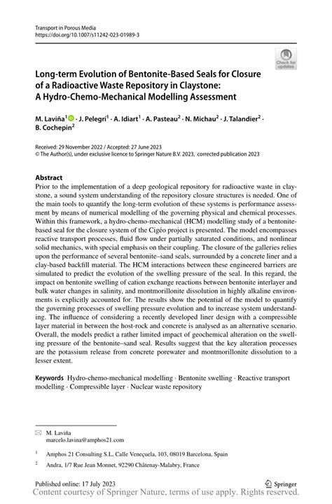 Long Term Evolution Of Bentonite Based Seals For Closure Of A