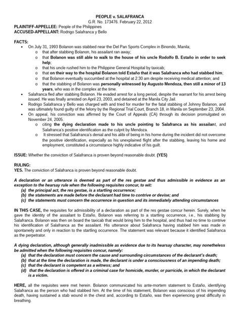 Hearsay Rule Exception Res Gestae People V Salafranca Pdf Hearsay Public Law
