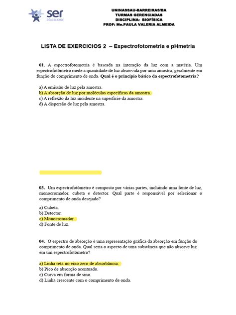 lista de exercicios 2 pdf ph espectrofotometria