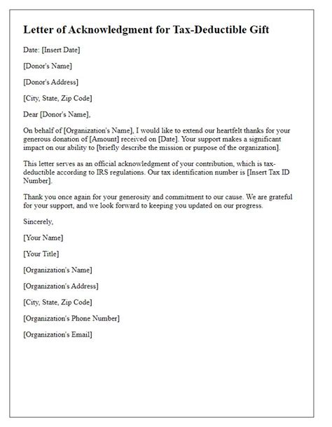 Letter Template For Tax Deductible Donation Receipt Free Samples In