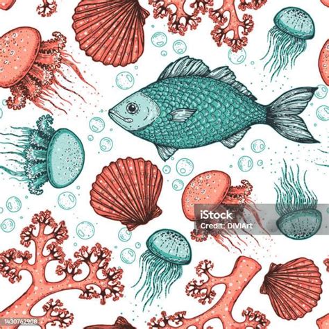 이음새가 없는 무늬 수중 세계 손으로 그렸습니다 컬러 일러스트레이션 해초 산호 조개 불가사리 해파리 물고기 삽화 빈티지 디자인 템플릿 해저 세계 컬렉션 갑각류에 대한 스톡