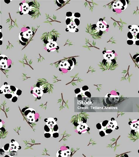팬더와 대나무 회색 배경입니다 벡터 원활한 패턴 텍스처 엽서 벽지 0명에 대한 스톡 벡터 아트 및 기타 이미지 0명 검은색