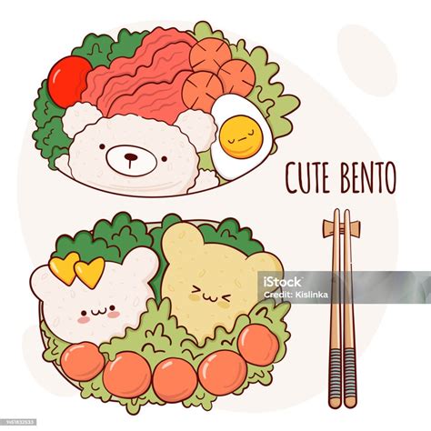 재미있는 Kawaii 도시락 상자 가정 요리 테이크 아웃 식사 준비 벡터 그림을 그립니다 일본 아시아 전통 음식 요리 메뉴 개념 낙서 만화 스타일 0명에 대한 스톡 벡터