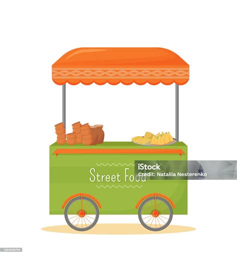 길거리 음식 모바일 키오스크 만화 벡터 일러스트레이션 인도 전통 요리 무역 실속 평면 색상 개체 거리 거래 흰색 배경에 고립 된 바퀴에 패스트 푸드 텐트 0명에 대한 스톡