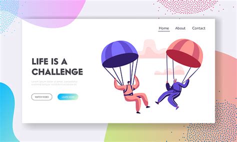 낙하산으로 하늘에 떠 있는 스포츠웨어의 수석 남자와 여자 스카이 다이 버 스카이 다이빙 익스트림 스포츠를 하 고 세 캐릭터 웹 사이트 방문 페이지 페이지 만화 평면 벡터