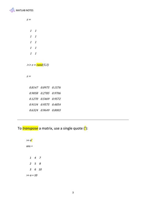 Notes On MATLAB Basic Cheatsheet PDF