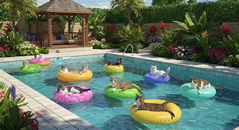Cats In Pool Floats A Delightful Summer Scene Stock Image Image Of
