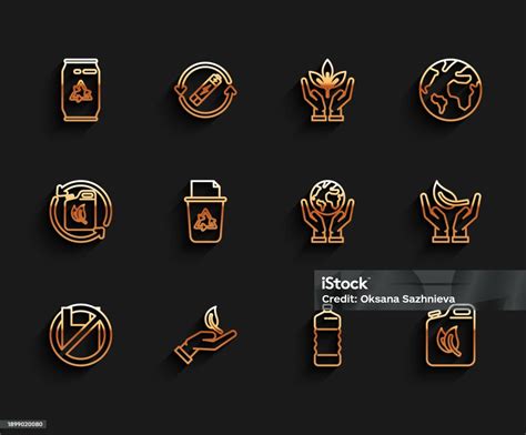 비닐 봉지 포스터 재활용 기호 캔 플라스틱 병 바이오 연료 용기 재활용 쓰레기통 지구 지구 아이콘을 들고 인간의 손을 사용할 수 있습니다 벡터 개념에 대한 스톡 벡터 아트