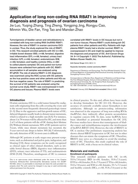 Pdf Application Of Long Non Coding Rna Rbat1 In Improving Diagnosis