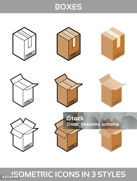아이소메트릭 판지 포장 상자 우편 표지판 세 가지 스타일에서 깨지기 쉬운 벡터 일러스트 레이 션을이 쪽 설정 0명에 대한 스톡