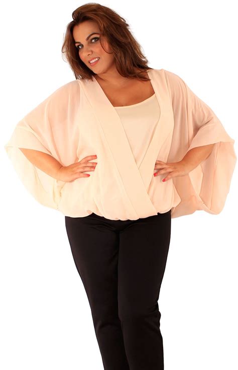 New Womens Plus Size Kimono Batwing Sleeve Chiffon Wrap Front Tops 12