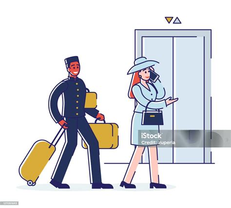 호텔 서비스 및 직원 개념 포터는 비즈니스 우먼을 아파트로 안내하고 짐을 들고 있습니다 만화 윤곽선 선형 플랫 벡터 일러스트 가정의 방에 대한 스톡 벡터 아트 및 기타