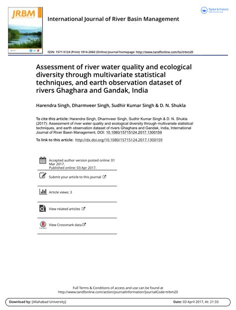 Pdf Assessment Of River Water Quality And Ecological Diversity Through Multivariate