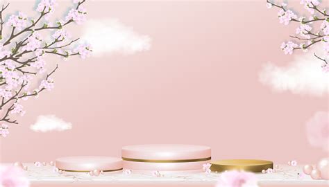 봄 사과 꽃 블루와 핑크 파스텔 하늘 배경에 진주와 연단 디스플레이 꽃이 피는 가지 핑크 사쿠라와 대리석에 핑크 골드 실린더