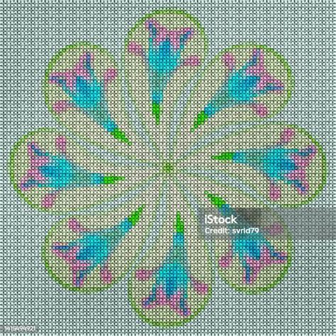 꽃에서 일러스트 크로스 스티치 만다라 크로스 스티치 플로럴 콜라주 만달라 명상 불교 힌두교 요가의 상징 동양 스타일의 식물에 의해 만들어진 기하학적 그림 0명에 대한 스톡