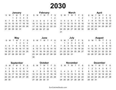 Free Printable 2030 Yearly Calendar Free Printables Lettering Svg