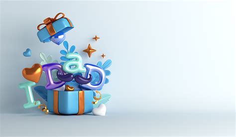 풍선 선물 상자 하트 모양 복사 공간 텍스트 3d 렌더링 일러스트와 해피 아버지의 날 장식 배경 가족에 대한 스톡 사진 및 기타