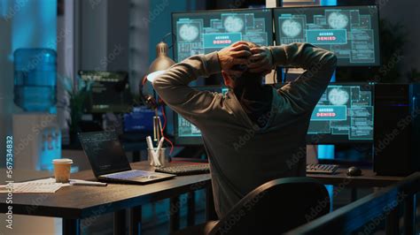 Frustrated Hacker Using Computer To Break Into Corporate Data Servers