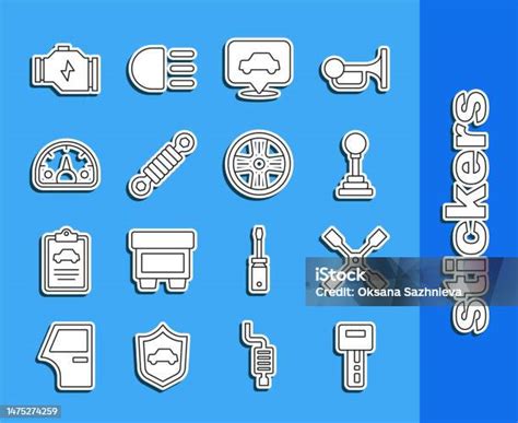 리모컨 휠 렌치 기어 시프터 서비스 쇼크 업소버 속도계 체크 엔진 및 알로이 휠 아이콘이있는 라인 자동차 키를 설정합니다 벡터 건설 산업에 대한 스톡 벡터 아트 및 기타