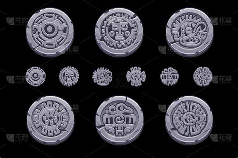 古代墨西哥神话符号孤立在石币上美洲阿兹特克人玛雅文化土著图腾