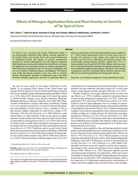 Pdf Effects Of Nitrogen Application Rate And Plant Density On Severity Of Tar Spot Of Corn