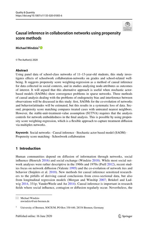 Pdf Causal Inference In Collaboration Networks Using Propensity Score Methods
