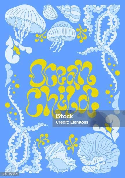 바다 아이 트렌디 한 액체 손으로 쓴 글자 인용문 꽃은 장식 요소 해파리 조류 조개 및 산호를 남깁니다 질감이 있는 리노컷