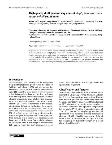 Pdf High Quality Draft Genome Sequence Of Staphylococcus Cohnii Subsp Cohnii Strain Hu 01