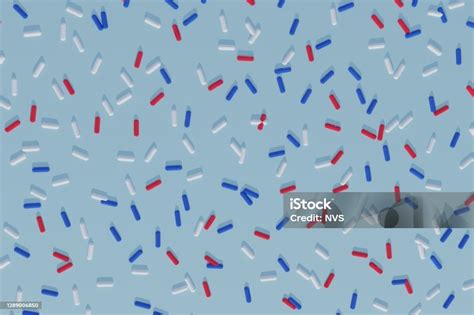 밝은 배경에 빨간색 파란색 흰색 색상의 추상 직사각형 원통형 기하학적 요소의 임의 패턴 질병에 대한 생명 공학 글로벌 연구 의료 및 의학 개념 3d 렌더링 빨강에 대한 스톡