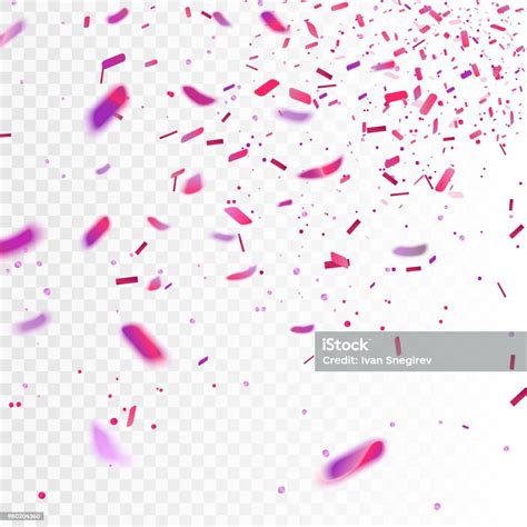스톡 벡터 일러스트 레이 션 현실적인 분홍색과 보라색 색종이 투명 한 체크 무늬 배경에 빛나는 격리 축제 배경입니다 디자인에 대 한 휴일 장식 틴 셀 요소입니다 Eps 10