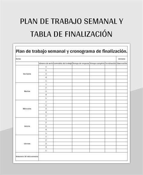 Plantilla De Formato Excel Plan De Trabajo Semanal Y Tabla De