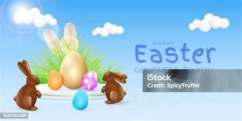 3d 부활절 연단 달걀과 초콜릿 토끼 푸른 하늘 배경에 구름 인사말 카드 봄 세일을 위한 꽃 장면 토끼와 함께 축하 배경 웹 배너 템플릿입니다 벡터 제품 3차원 형태에 대한