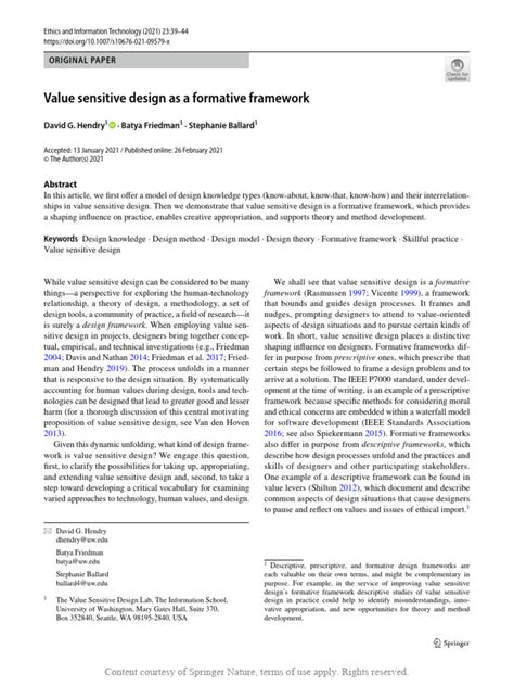 Value Sensitive Design As A Formative Framework Pdf Design Procedural Knowledge