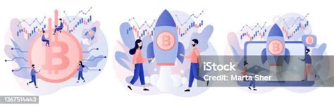 비트코인 가격이 급등했습니다 우주선이 위쪽으로 날아가는 황소 시장 개념 금리 성장률 작은 사람들 암호 화폐 투자자 현대 플랫 만화 스타일 흰색 배경의 벡터 그림 비트코인에