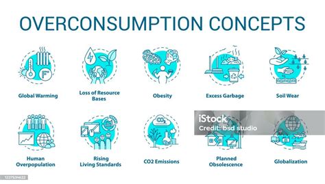 과소비 개념 아이콘 설정 온난화 생태 및 환경 손상 소비주의 아이디어 얇은 라인 Rgb 컬러 일러스트 벡터 절연 윤곽선 도면