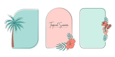 열대 여름 요소가 있는 손으로 그린 라인 아트 프레임 세트 건설 프레임에 대한 스톡 벡터 아트 및 기타 이미지 건설 프레임 구명 기구 꽃 식물 Istock