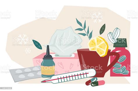 감기와 독감에 대 한 약용 치료제 손으로 그린 벡터 일러스트 레이 션 감기와 독감에 대한 스톡 벡터 아트 및 기타 이미지