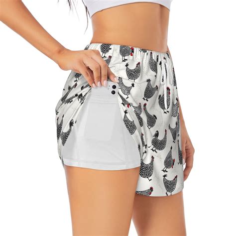 Junzan Funny Chicken Print Womens Athletic Gym Running Shorts With