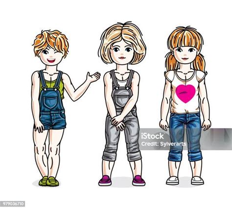 귀여운 소녀 서 세련 된 캐주얼 옷을 입고 아름 다운 아이 일러스트의 벡터 집합입니다 유년기와 가족 생활 클립 아트입니다 감정에 대한 스톡 벡터 아트 및 기타 이미지