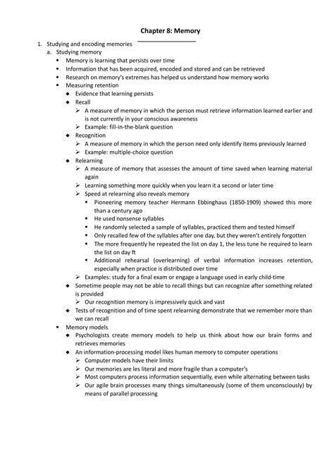 Chapter 8 Memory Notes Psyc1001 Introduction To Psychology Hku